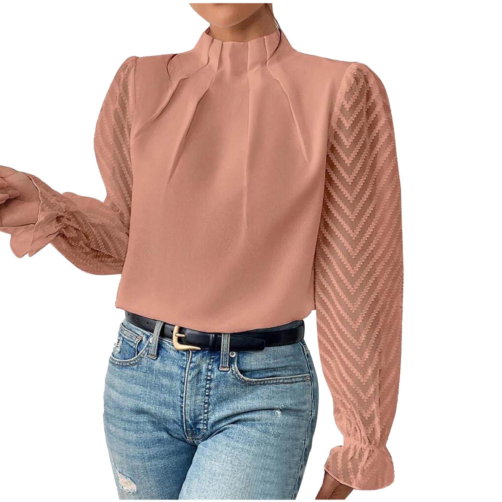 WREESH Womens Business Casual Tops Solid Spring Summer Mock Neck Lace ...