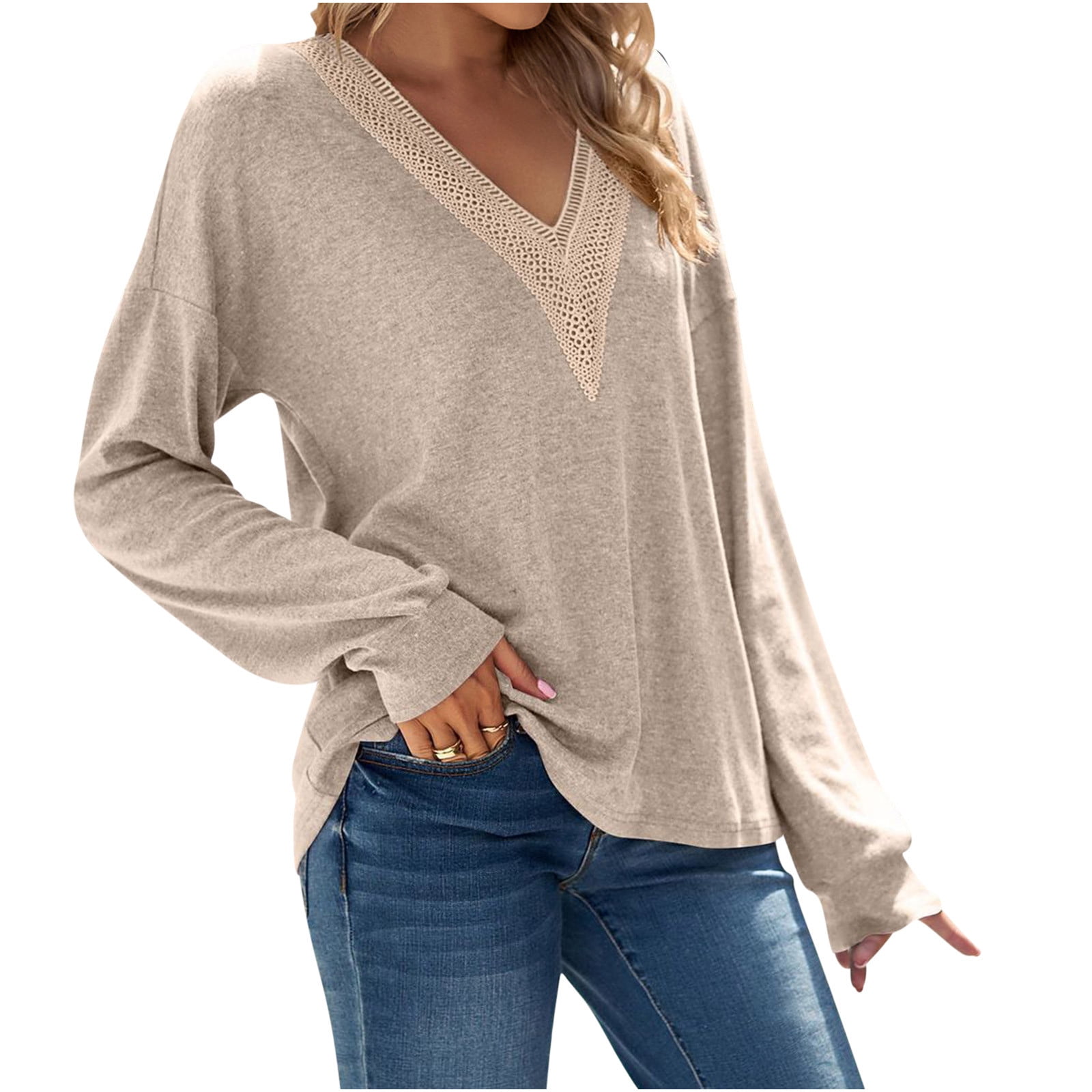 WREESH Womens Casual Loose Sweater Trendy Guipure Lace Panel V Neck ...