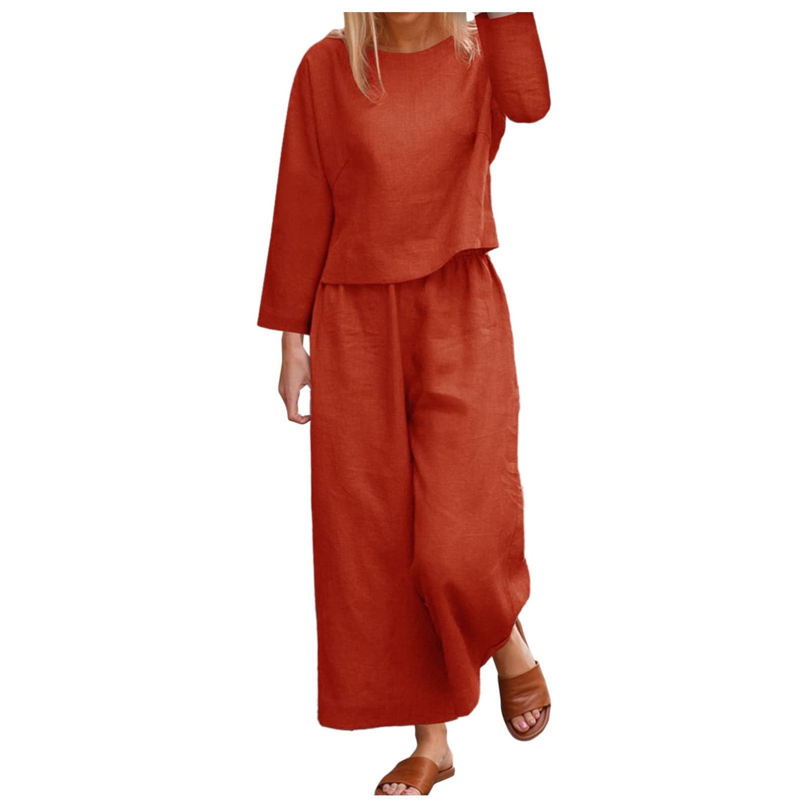 WREESH Womens Cotton Linen Lounge Set Two Piece Outfits Fashion Round ...