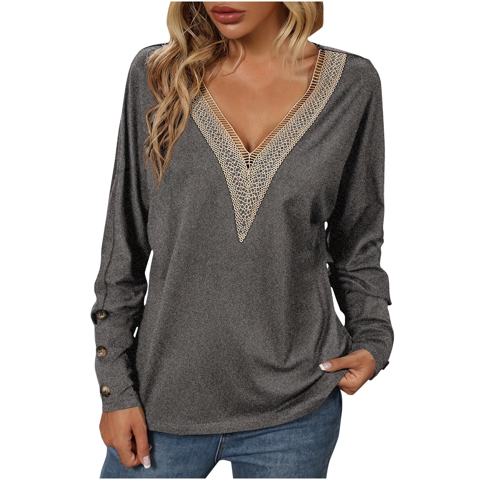 WREESH Womens Fashion Slim Blouses V Neck Color Block Pullover Top Long ...