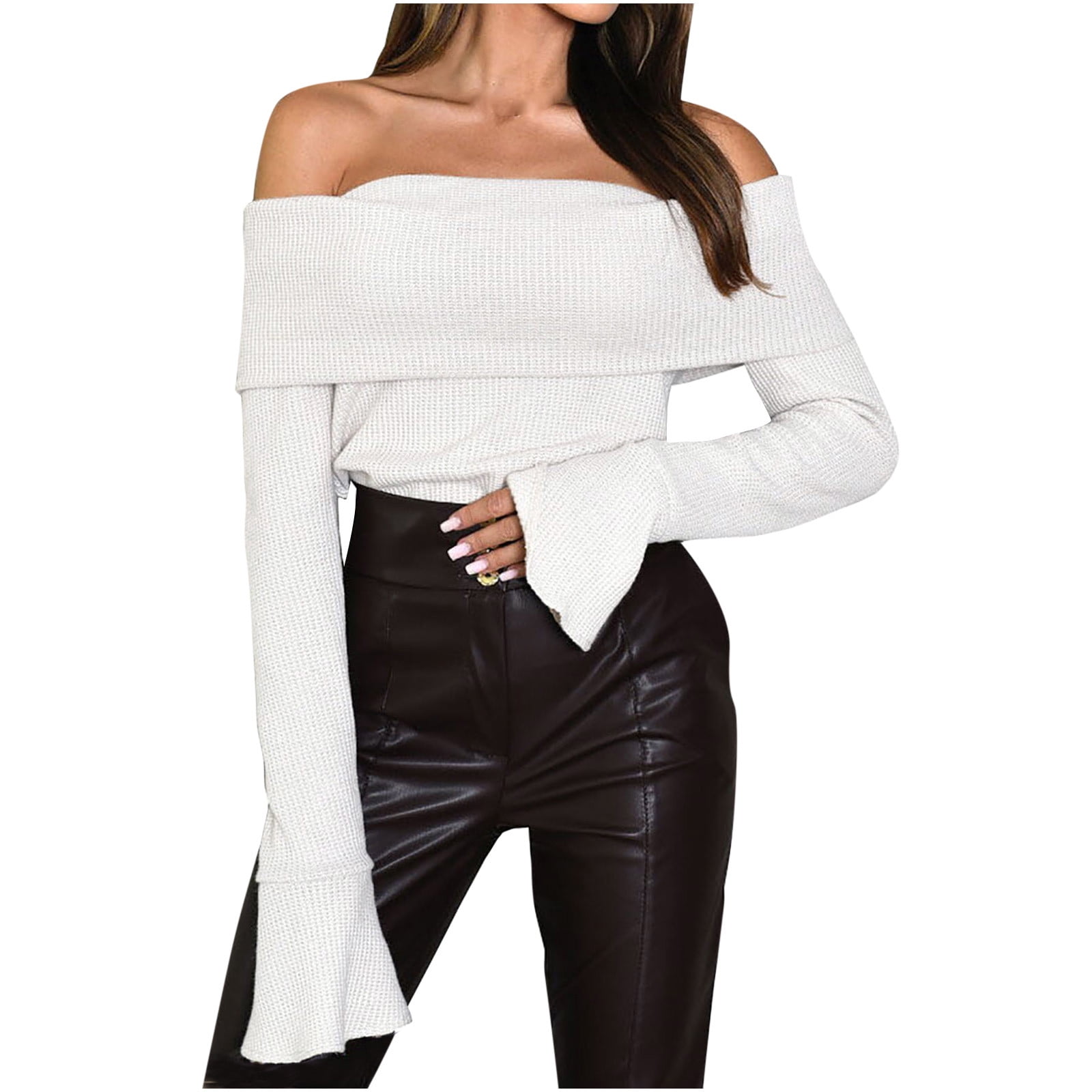 WREESH Womens Fashion Slim Sweaters Off The Shoulder Sweater Solid ...