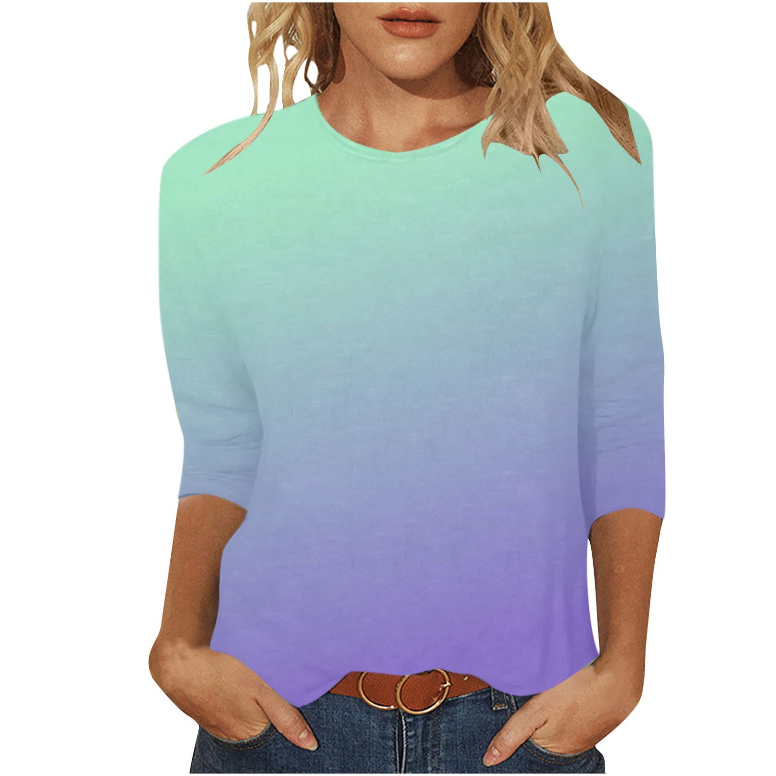 WREESH Womens Fashion T-Shirts Gradient Printed T-Shirt Mid-Length 3/4 ...