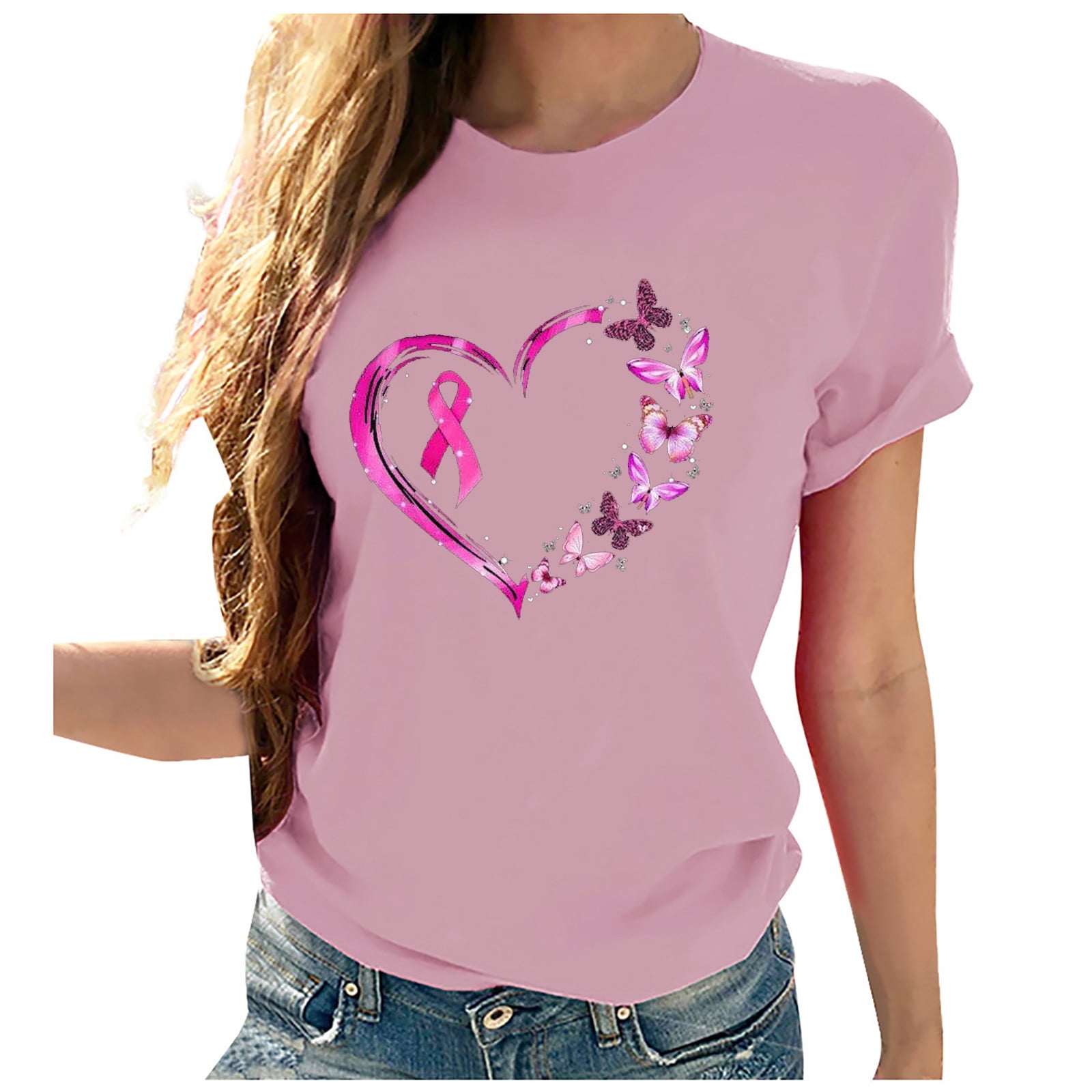 WREESH Womens Fashion T-Shirts Spring Summer Casual Round Neck Printed ...
