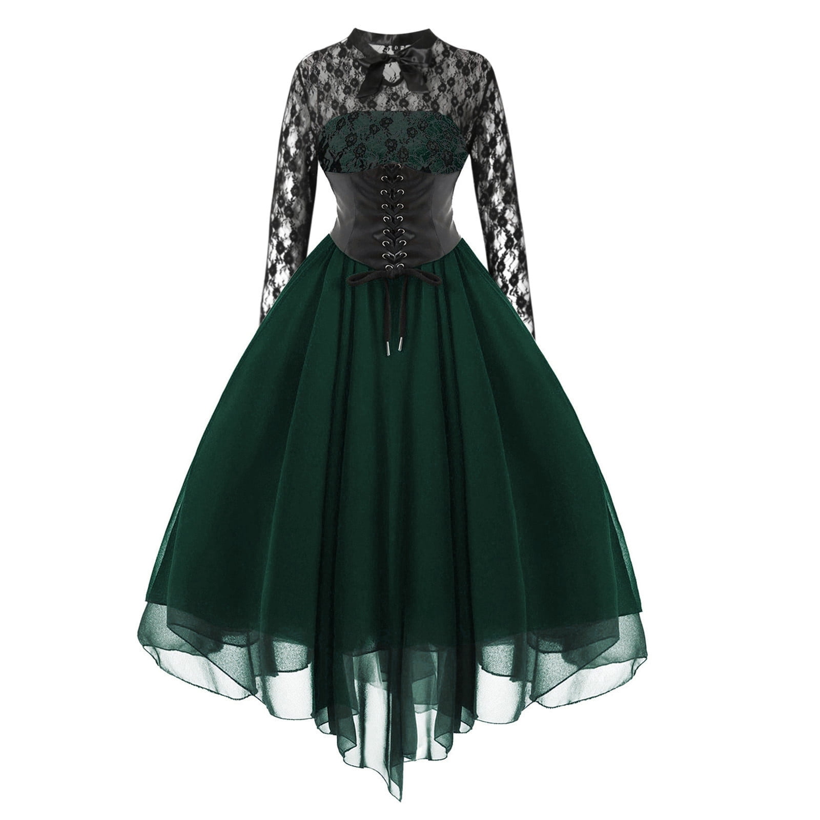 WREESH Womens Fashion Vintage Gothic Corset Dress Solid Long Sleeve ...