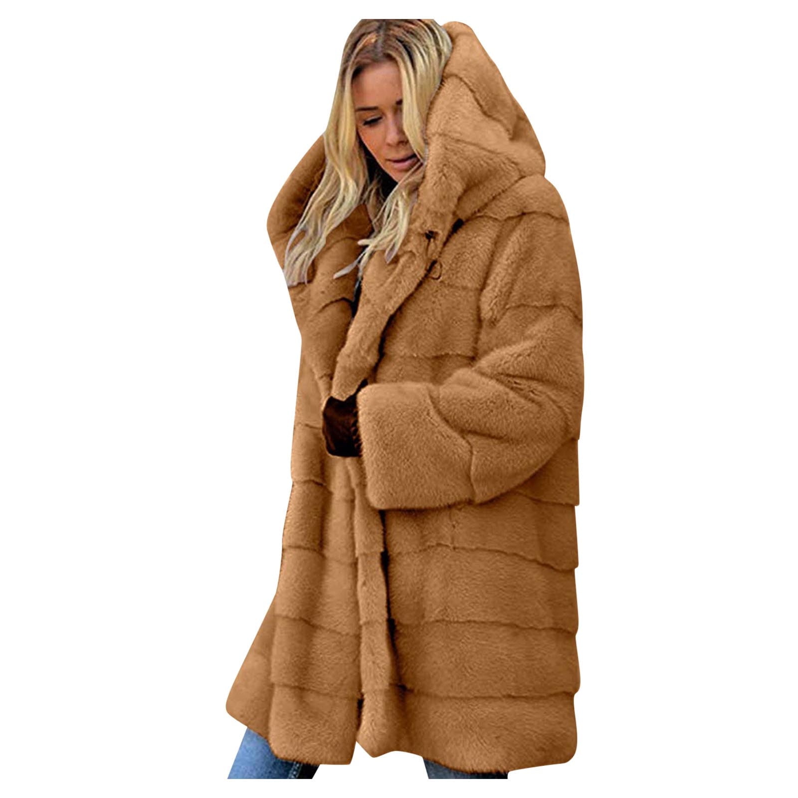 WREESH Womens Faux Furry Long Coat Fuzzy Thicken Hooded Overcoat Winter ...