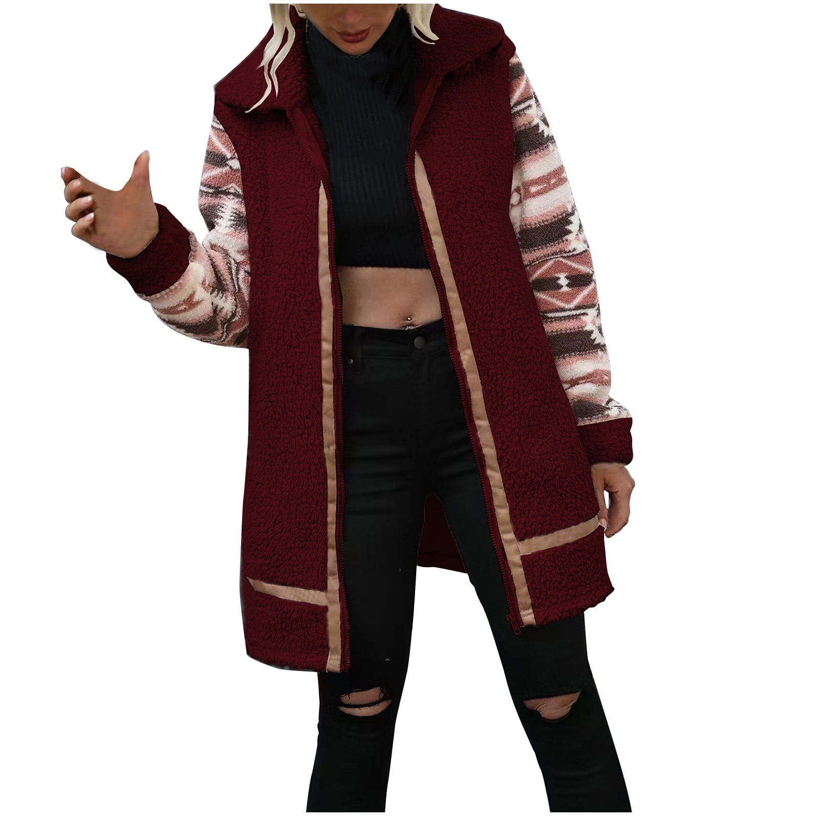 WREESH Womens Fleece Jacket Tribal Aztec Print Long Sleeve Coats Plus Size Fuzzy Trench Coats ...
