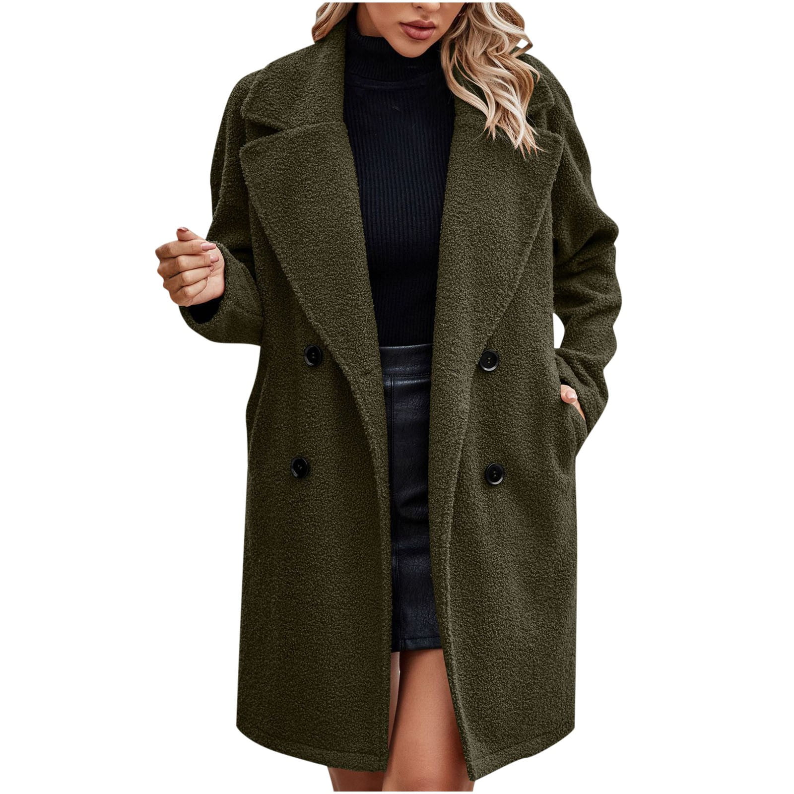 WREESH Womens Fleece Trench Coats Notched Lapel Double Breasted Pea ...