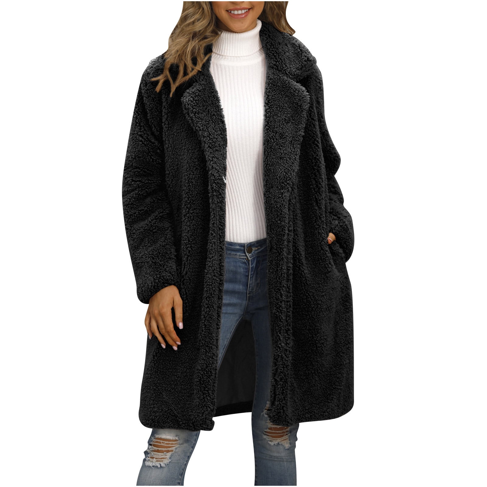 WREESH Womens Fuzzy Fleece Overcoat Long Trench Coat Faux Furry Coat ...