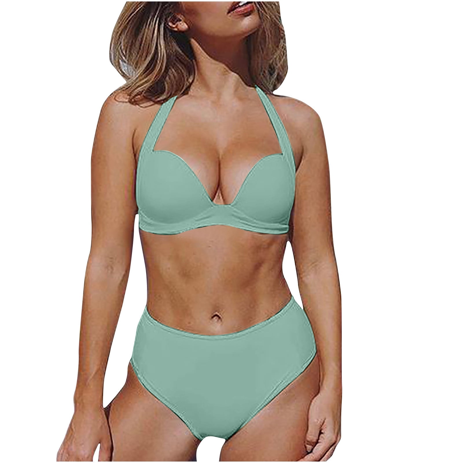 Wreesh Womens Halter Bikini Set Split Solid Steel Bikini Swimsuit Two