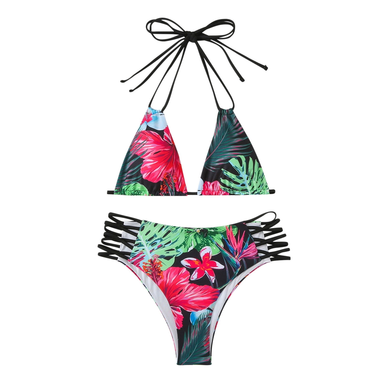 Wreesh Womens Halter String Bikini Sets High Cut Bikini Print Swimwear