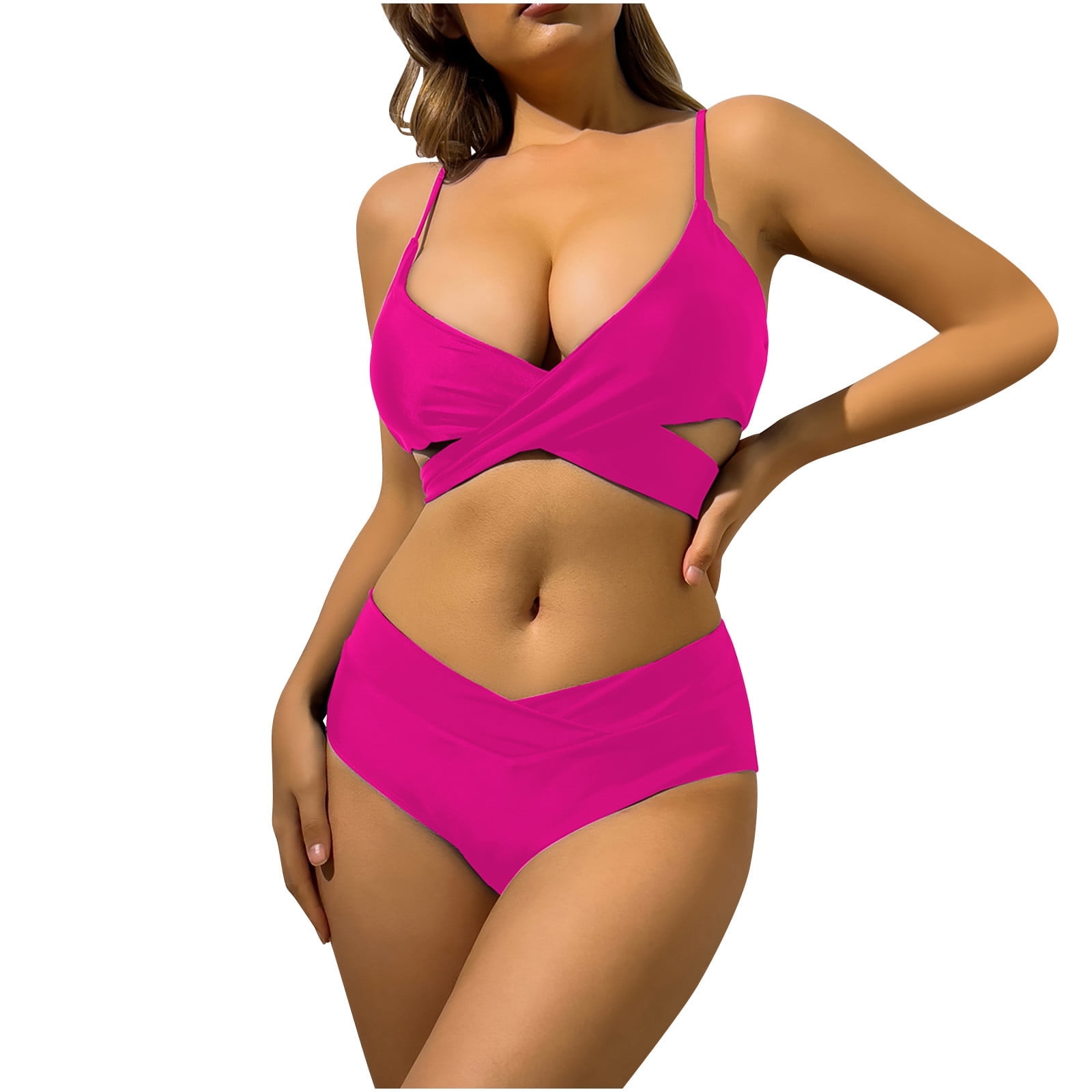 Wreesh Womens High Cut Bikini Criss Cross Bathing Suit Solid Color