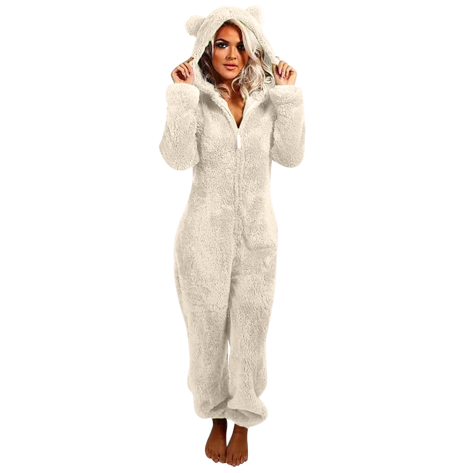 WREESH Womens Jumpsuit Warm Fleece Onesie Pajamas One Pieces Zipper ...