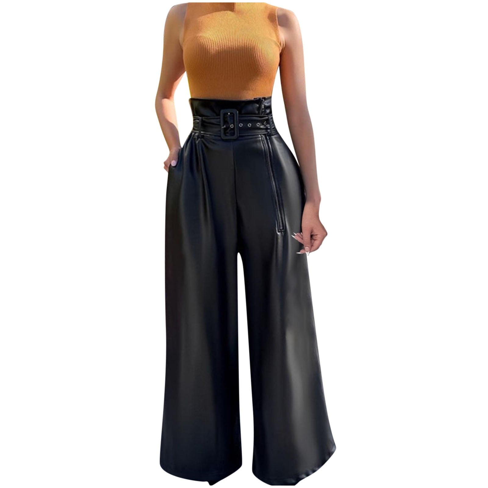WREESH Womens Leather Pants Fashion Tight and Personalized Folded Half ...