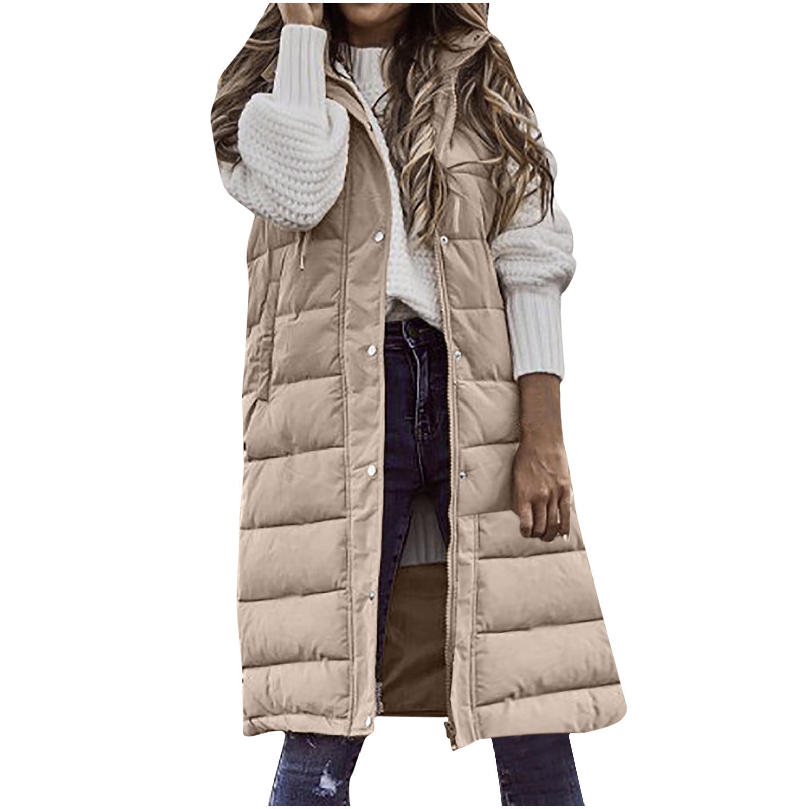 WREESH Womens Long Puffer Vest Sleeveless Hooded Puffy Jackets Winter ...