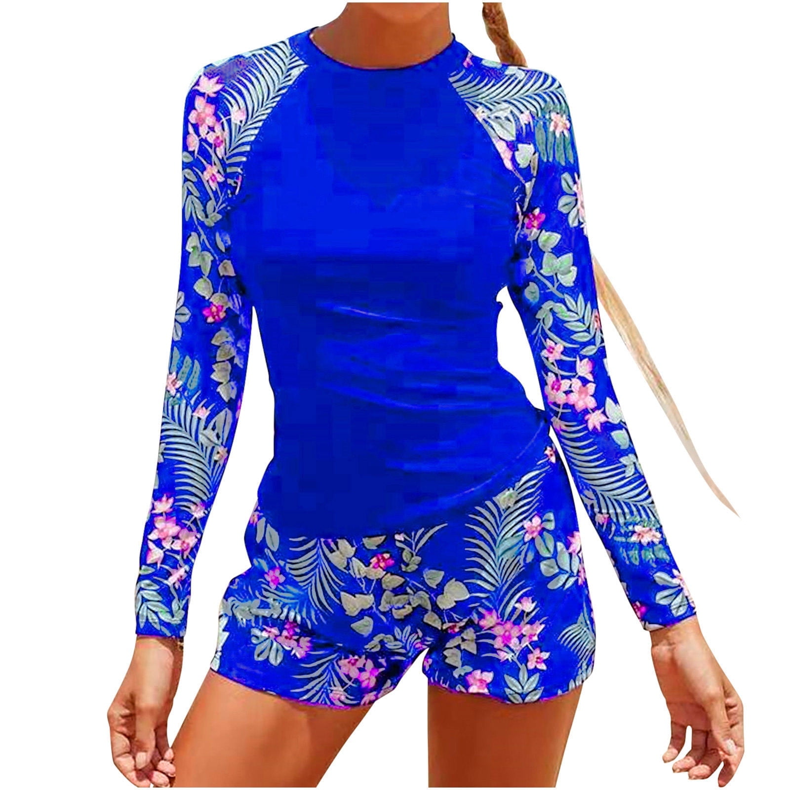 Wreesh Womens Long Sleeve Rash Guard Swimsuits Print Swimwear Two Piece Slim Swimsuit Bikini