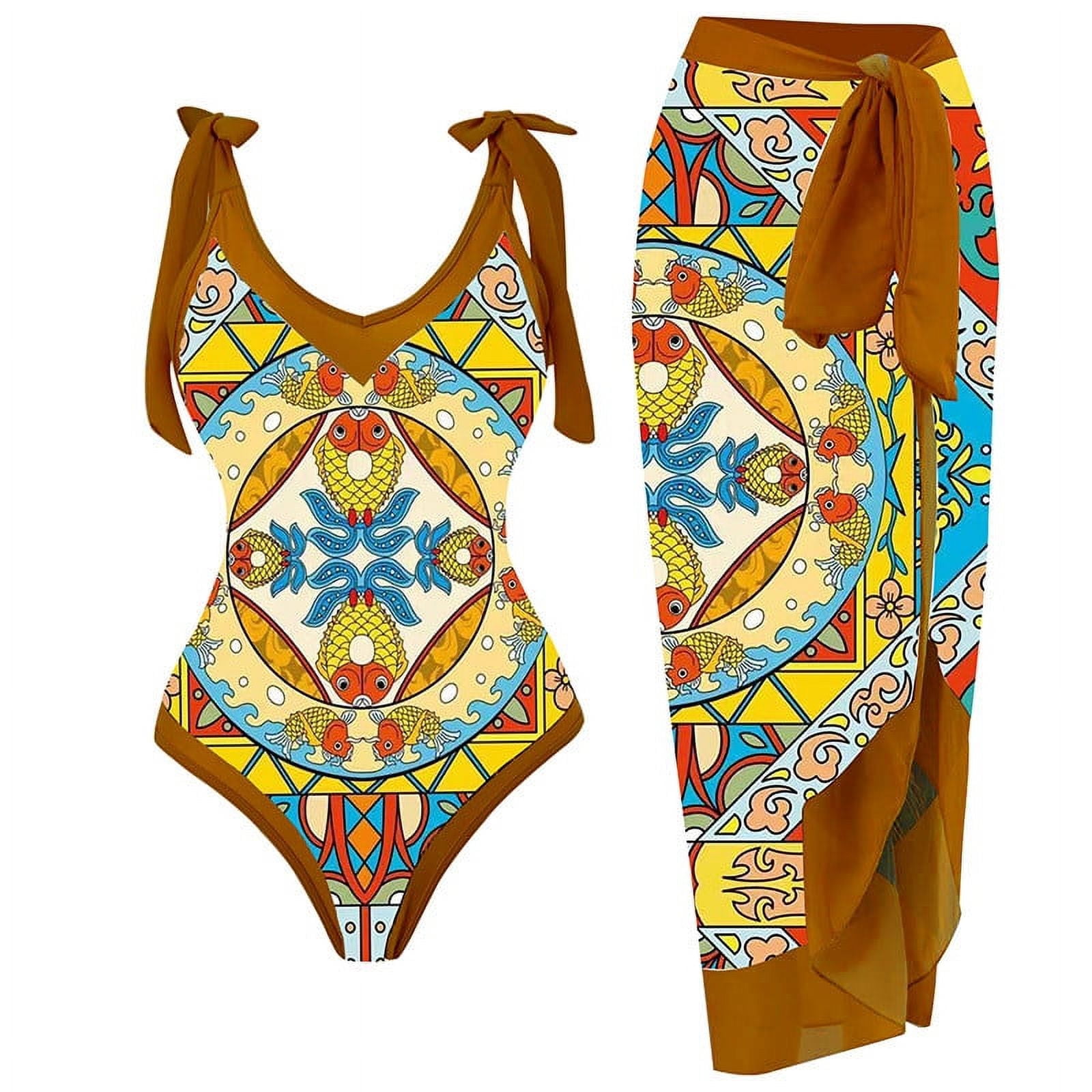 Wreesh Womens One Piece Swimsuits Beach Cover Ups Fashion Retro Print Tight Fitting Bikini