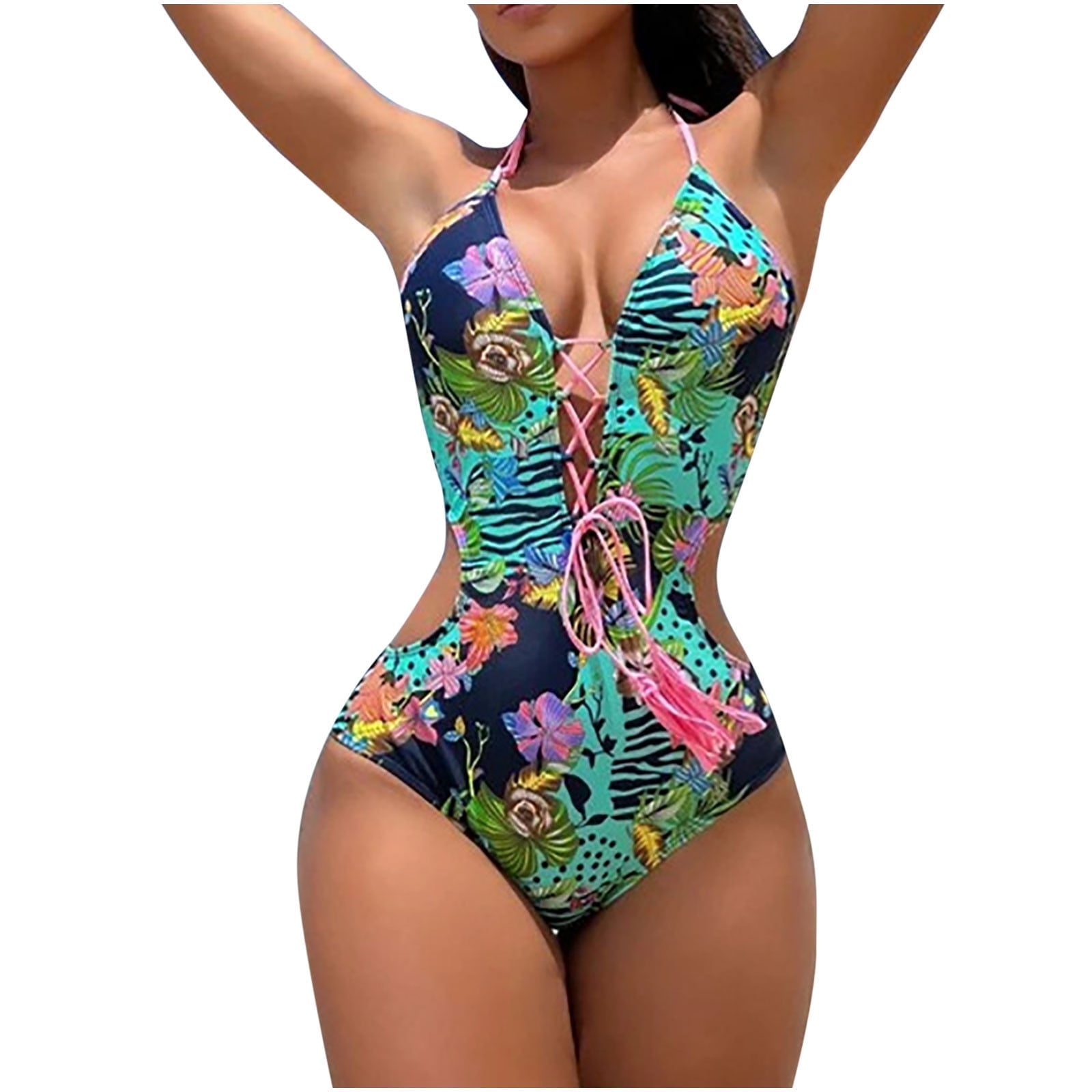 WREESH Womens One Piece Swimsuits Conjoined Body Halter Backless Printing Bikinis Sets ...