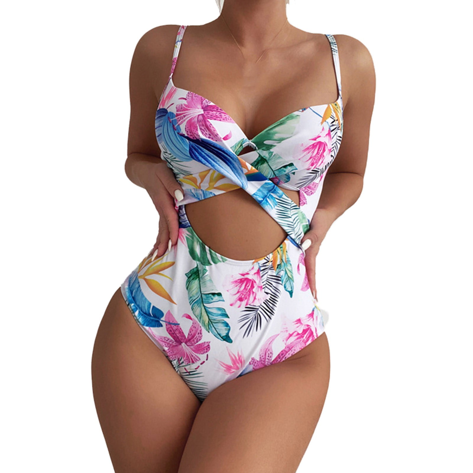 Wreesh Womens One Piece Swimsuits Printed Steel Tray Gathered Sexy
