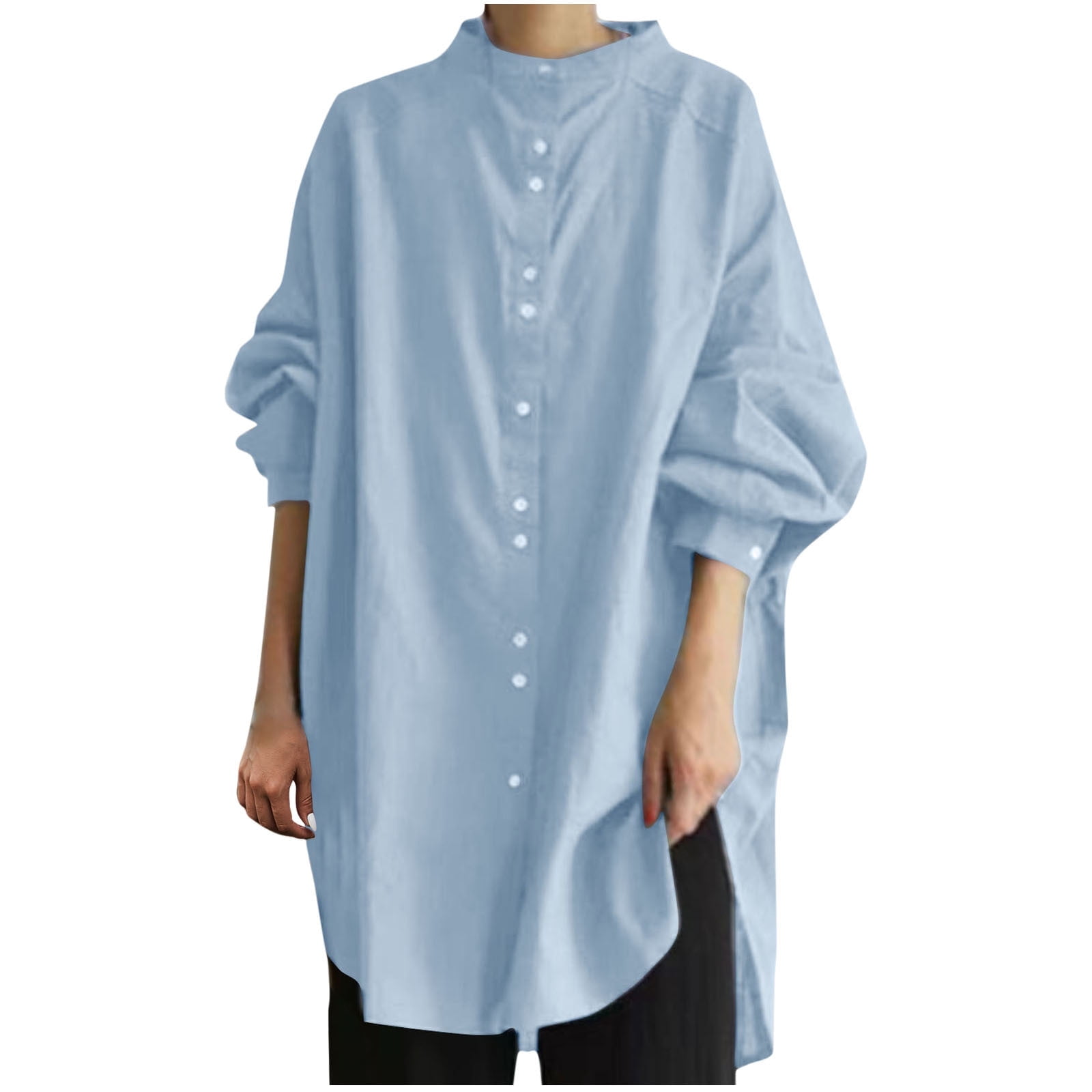 WREESH Womens Oversized Button Down Shirt Cotton Linen Shirt Solid ...