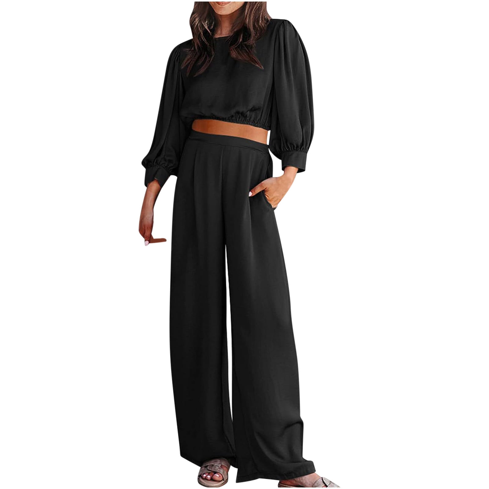 Wreesh Womens Pajama Sets Round Neck Long Sleeve Solid Top Blouse And