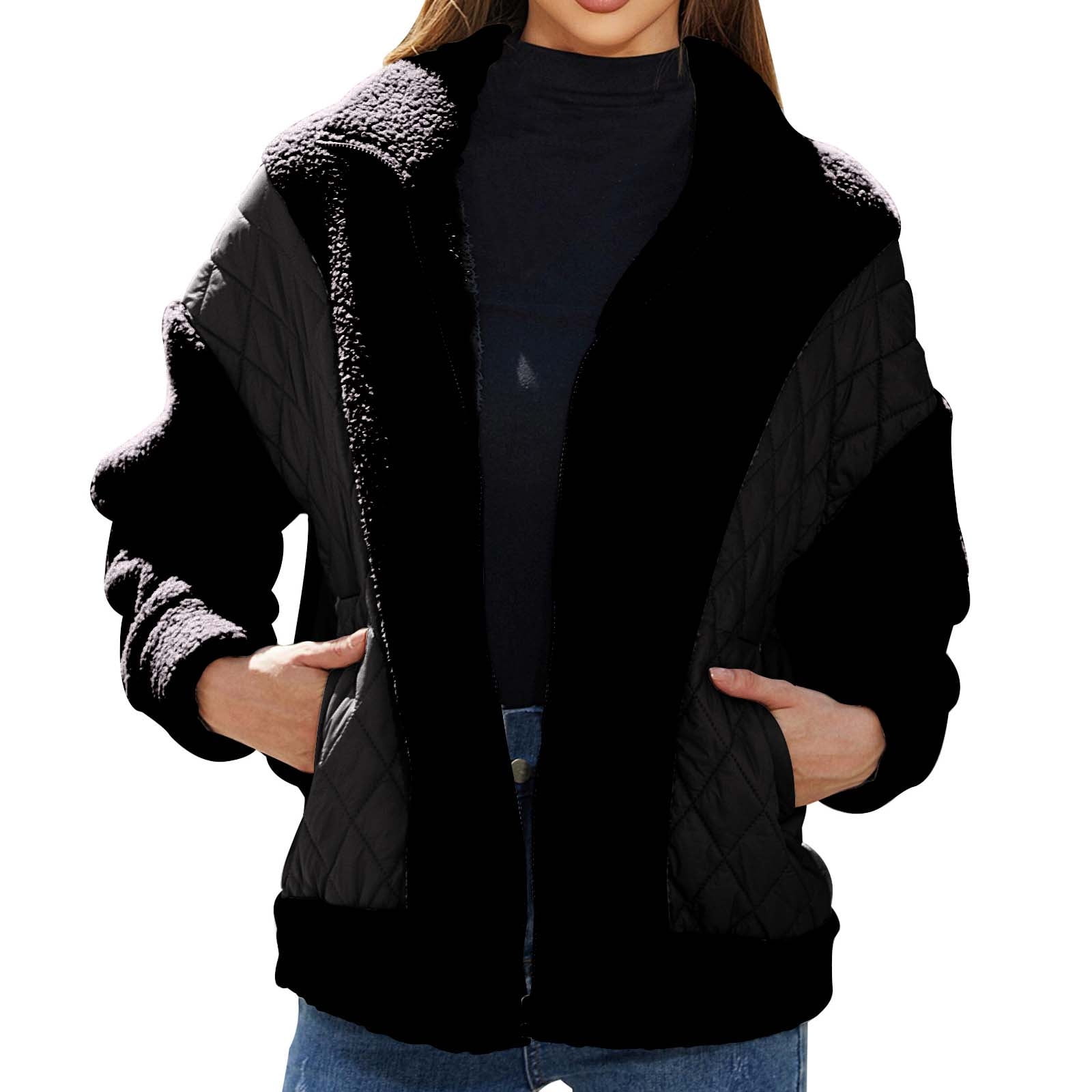WREESH Womens Patchwork Heavy Jacket Solid Fuzzy Fleece Jackets Loose ...
