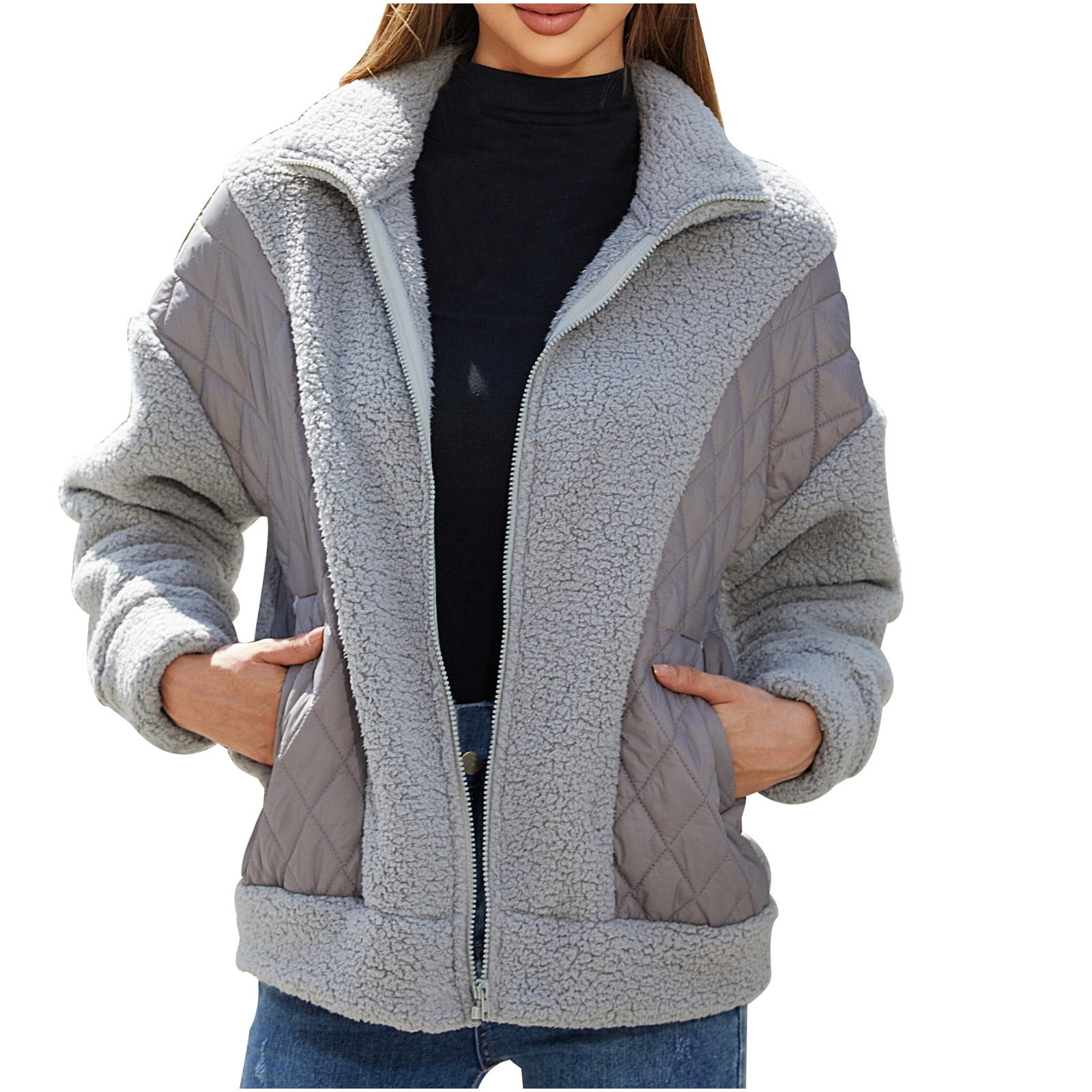 WREESH Womens Patchwork Heavy Jacket Solid Fuzzy Fleece Jackets Loose ...