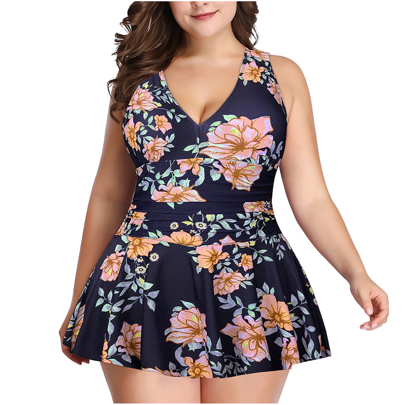 WREESH Womens Plus Size Swim Dress Plus Size Fashion Print Swimsuit ...