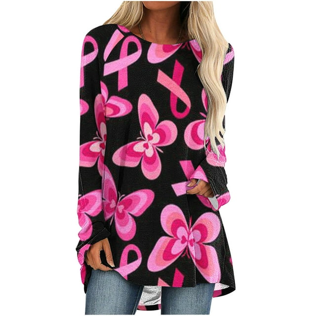 WREESH Womens Plus Size Tunic Tops Pink Ribbon Tie Dye T-Shirts Trendy ...