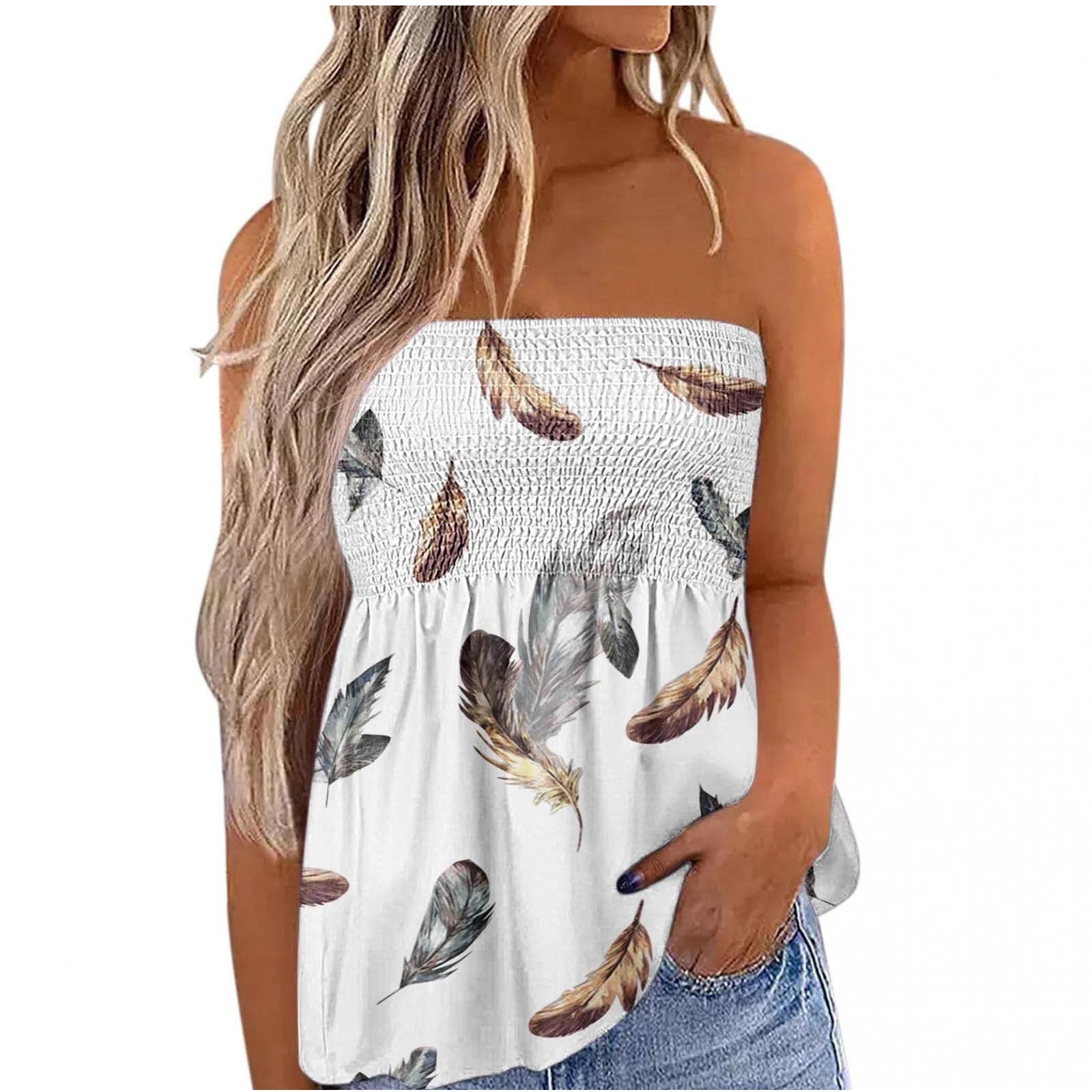 WREESH Womens Strapless Bandeau Tank Tops Print Tube Top Smocked ...