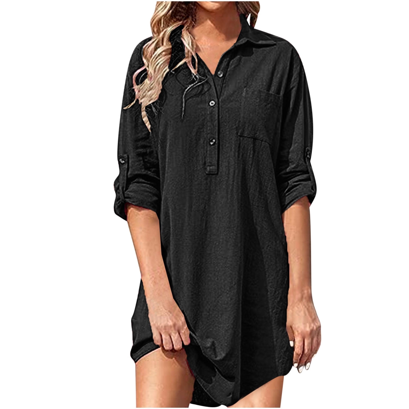 WREESH Womens Summer Cotton Linen Shirt Dress Solid Button Down Long ...
