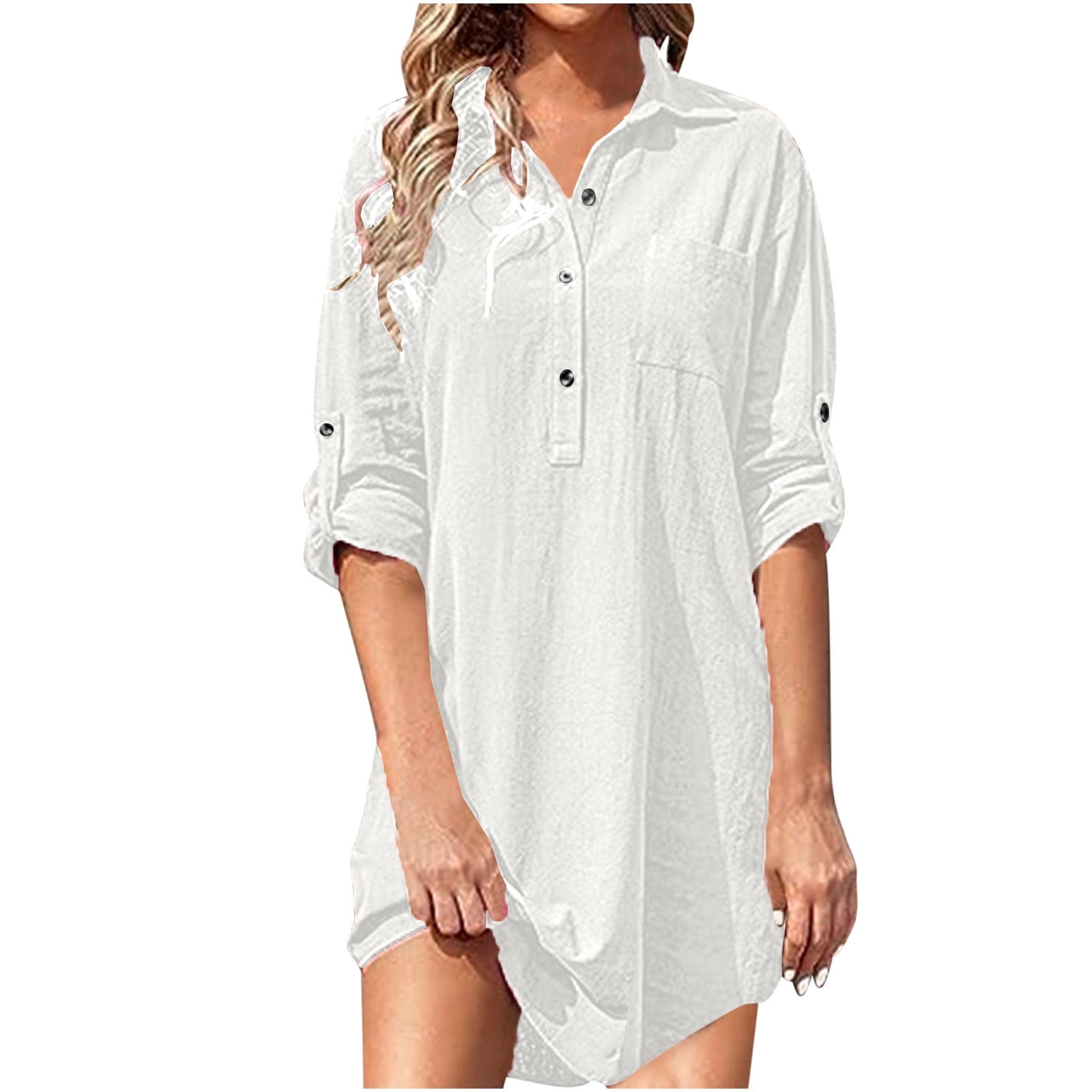 WREESH Womens Summer Cotton Linen Shirt Dress Solid Button Down Long ...