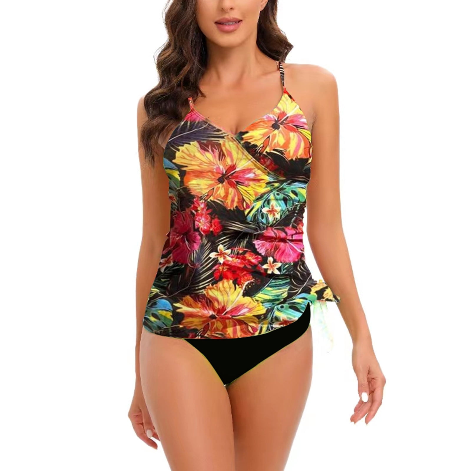 Wreesh Womens Tummy Control Tankini Swimsuit Print Swimwear Two Piece