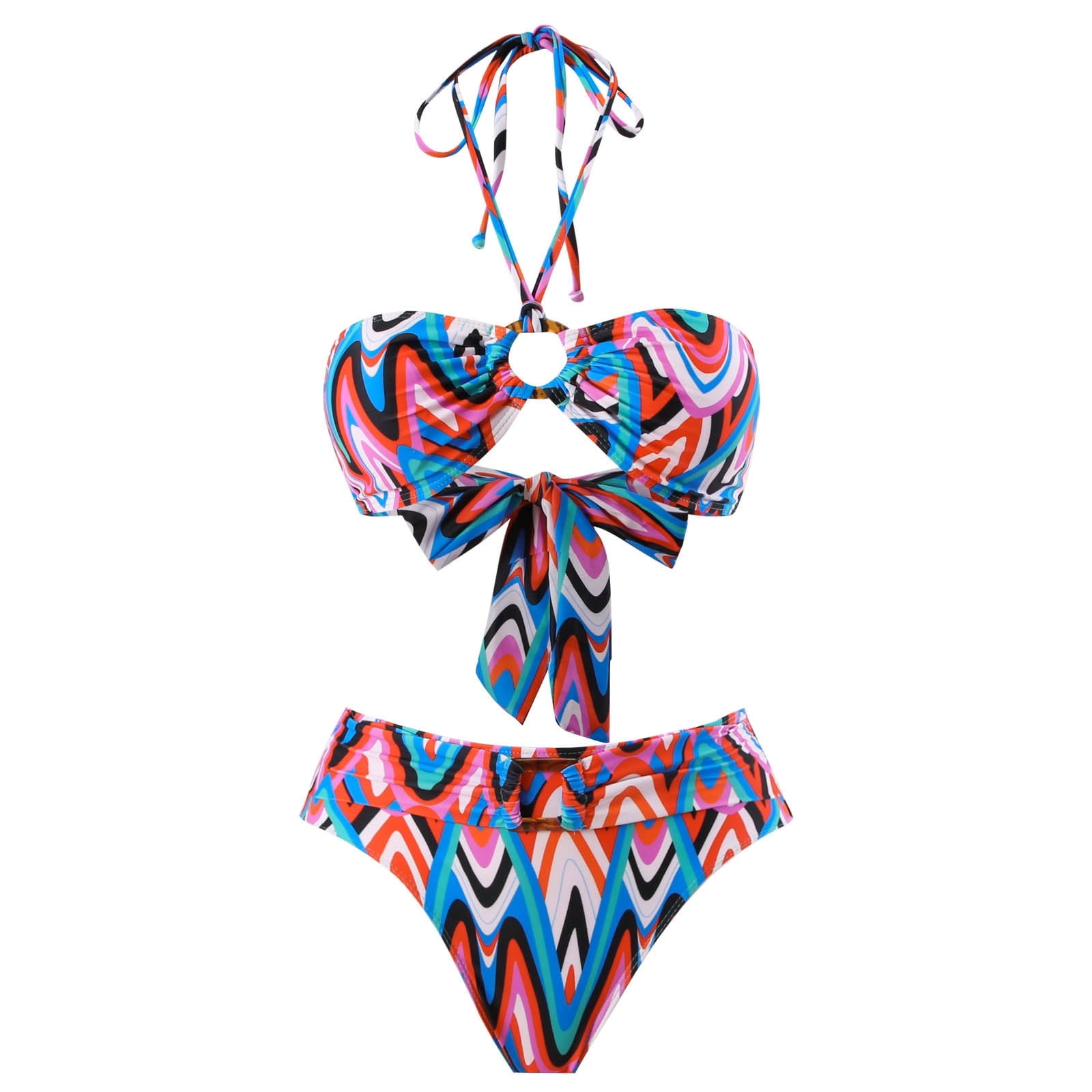 Wreesh Womens Two Piece Swimsuit Halter Metal Ring Bandeau Bikini Set