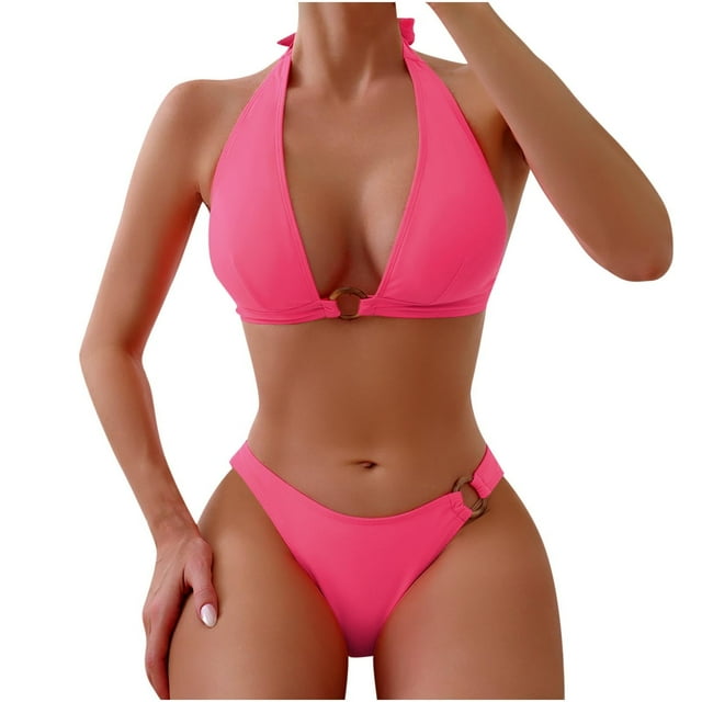 Wreesh Womens Two Piece Swimsuit Halter Metal Ring Bikini Set New