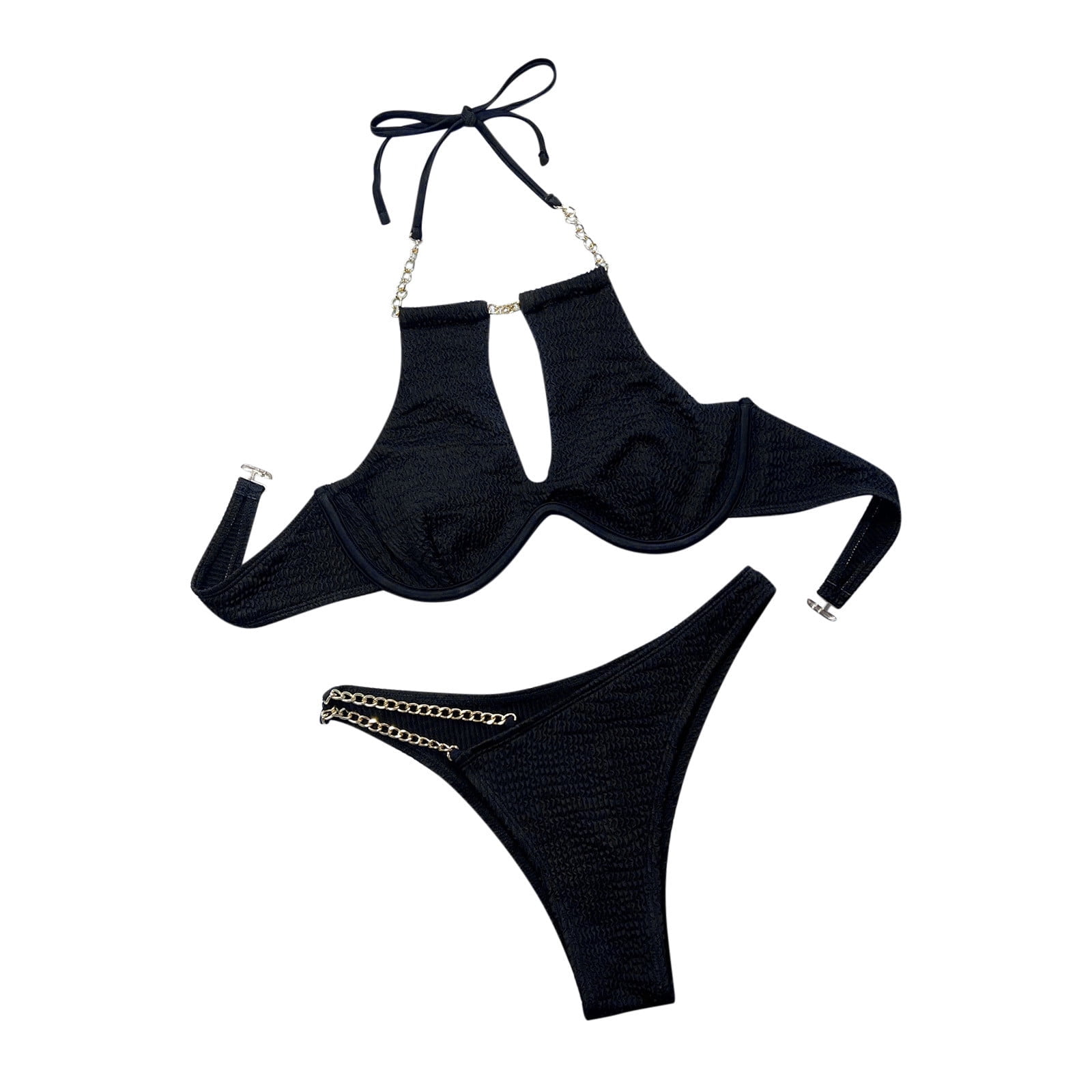 Wreesh Womens Two Piece Swimsuit String Bikini Sets Solid Bandage Metal
