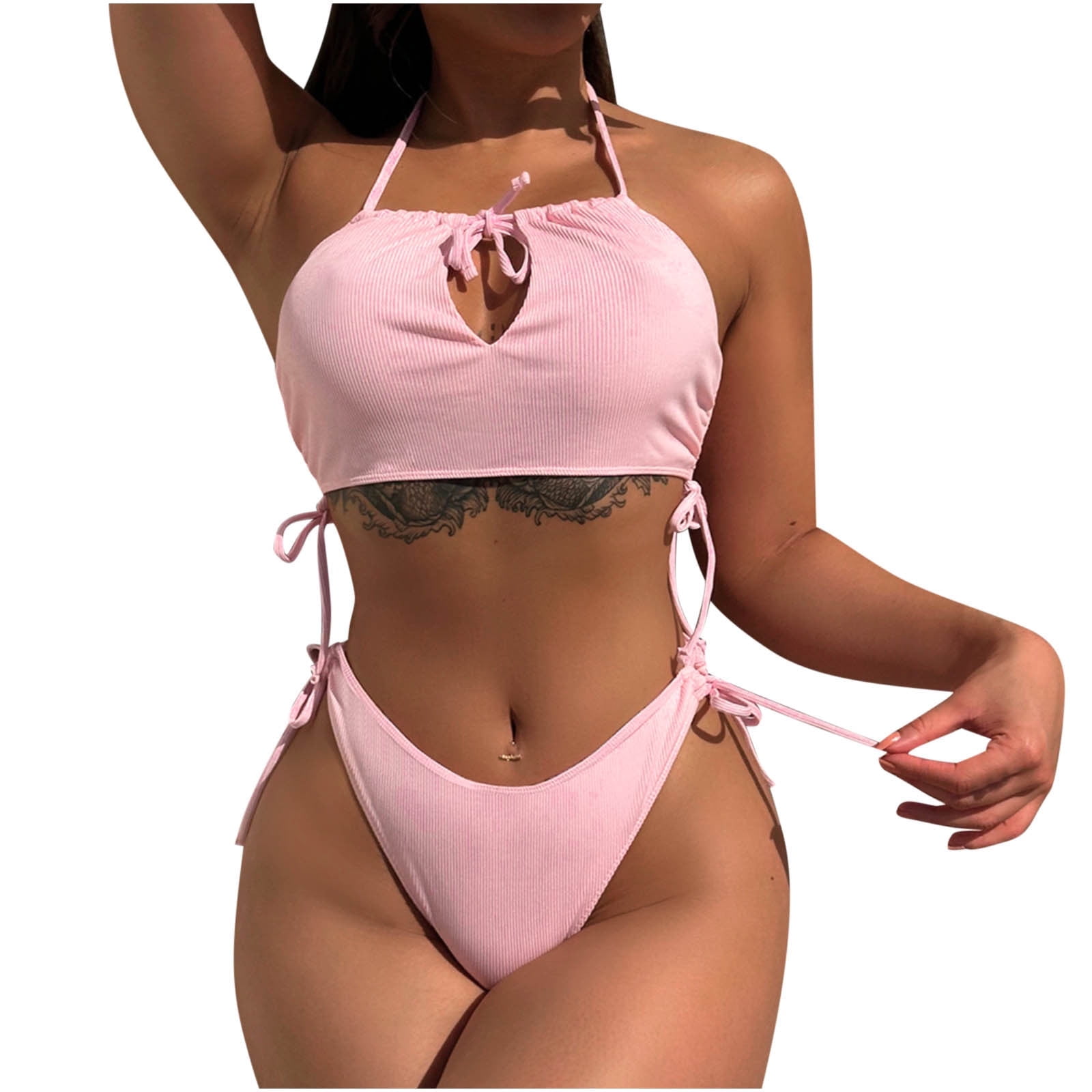 Wreesh Womens Two Piece Swimsuit Tie Front Crop Top High Cut Bikini
