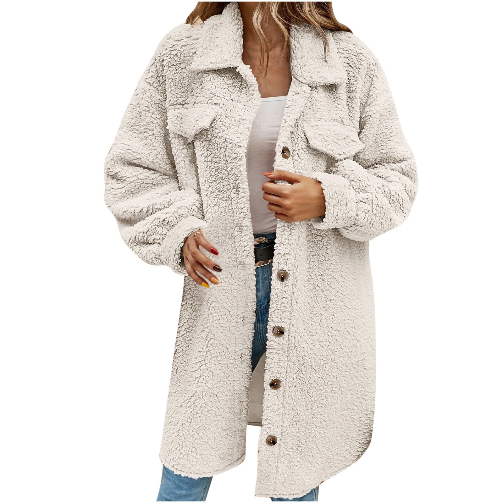 WREESH Womens Winter Fuzzy Fleece Coat Thicken Warm Teddy Coats Casual Solid Long Coat Lapel ...