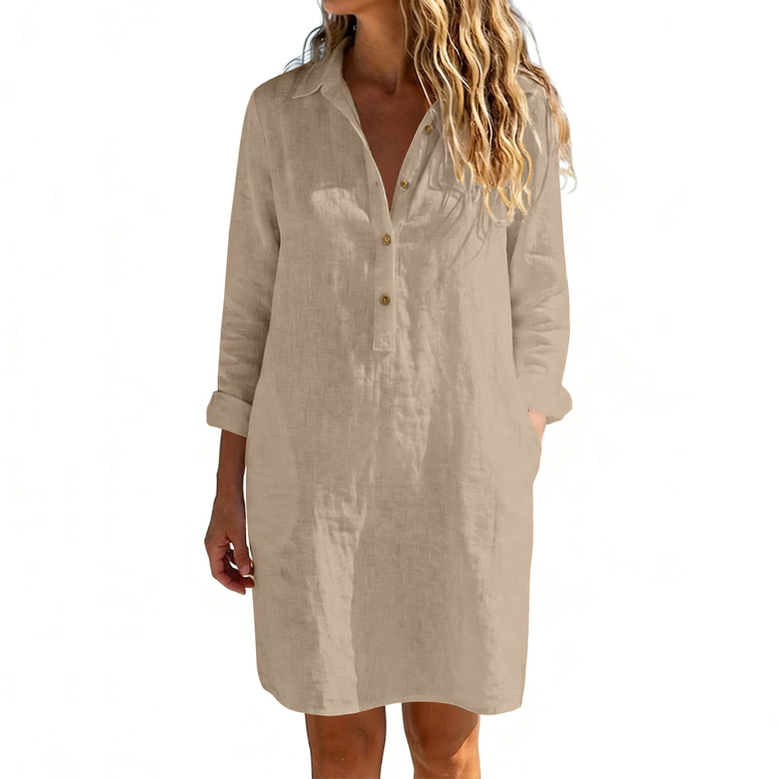 WRFWUL Women's Cotton Long Sleeve Shirt Dresses Button Down Lapel ...