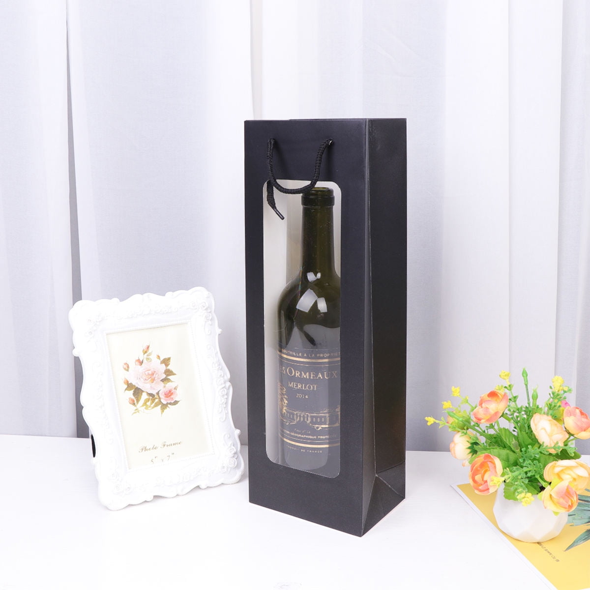 WRISTBIQUE 12Pcs Bottle Paper Bags Wine Bag Black Rectangular Kraft ...