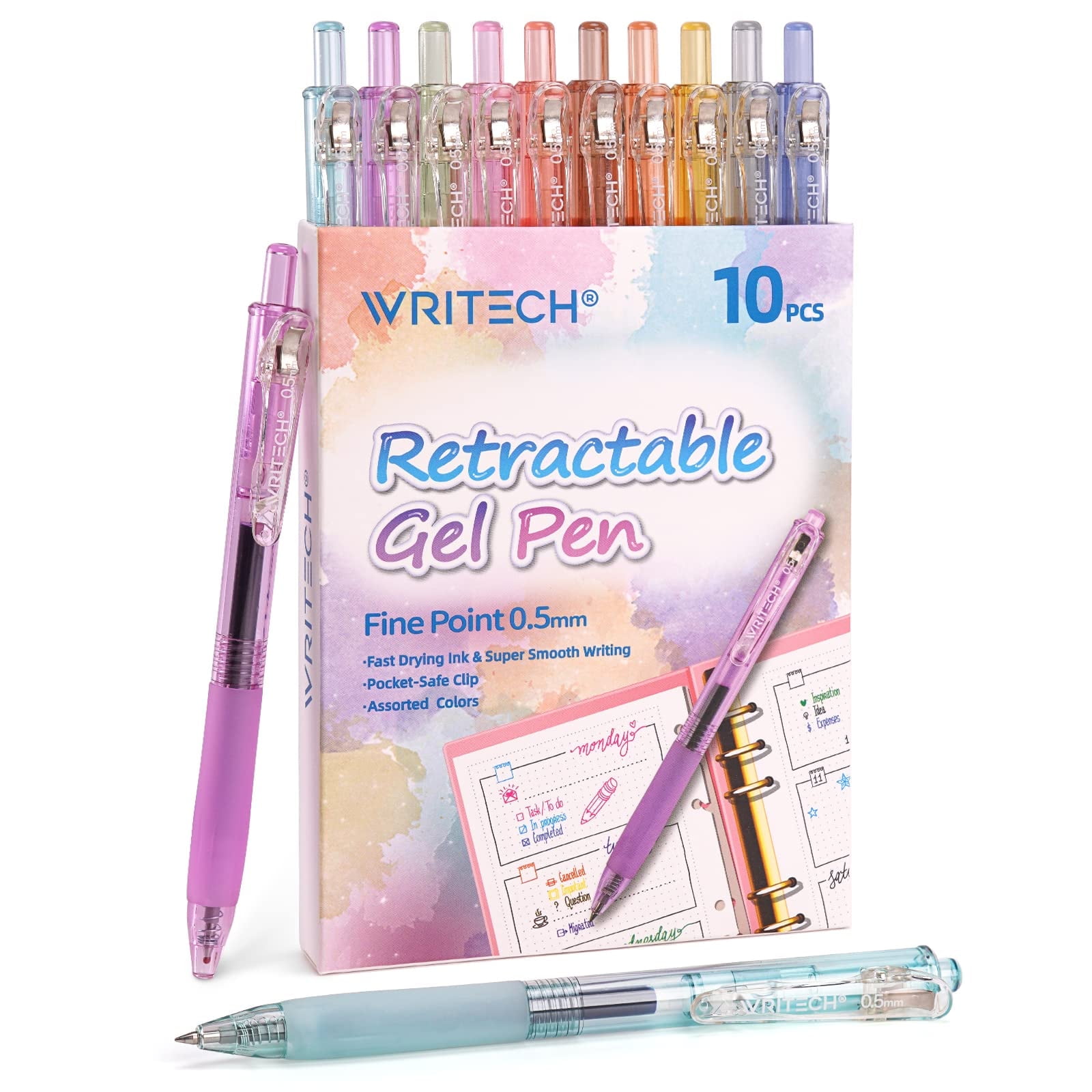 Writech Retractable Gel Pens, Quick Dry Ink, 0.5mm Tip, Multicolor ...