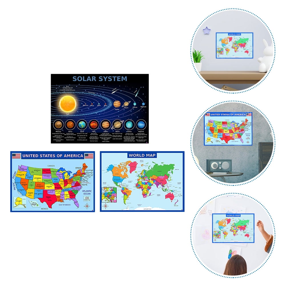 WRITWAA 1 Set Educational Posters for Students World Map Solar System ...