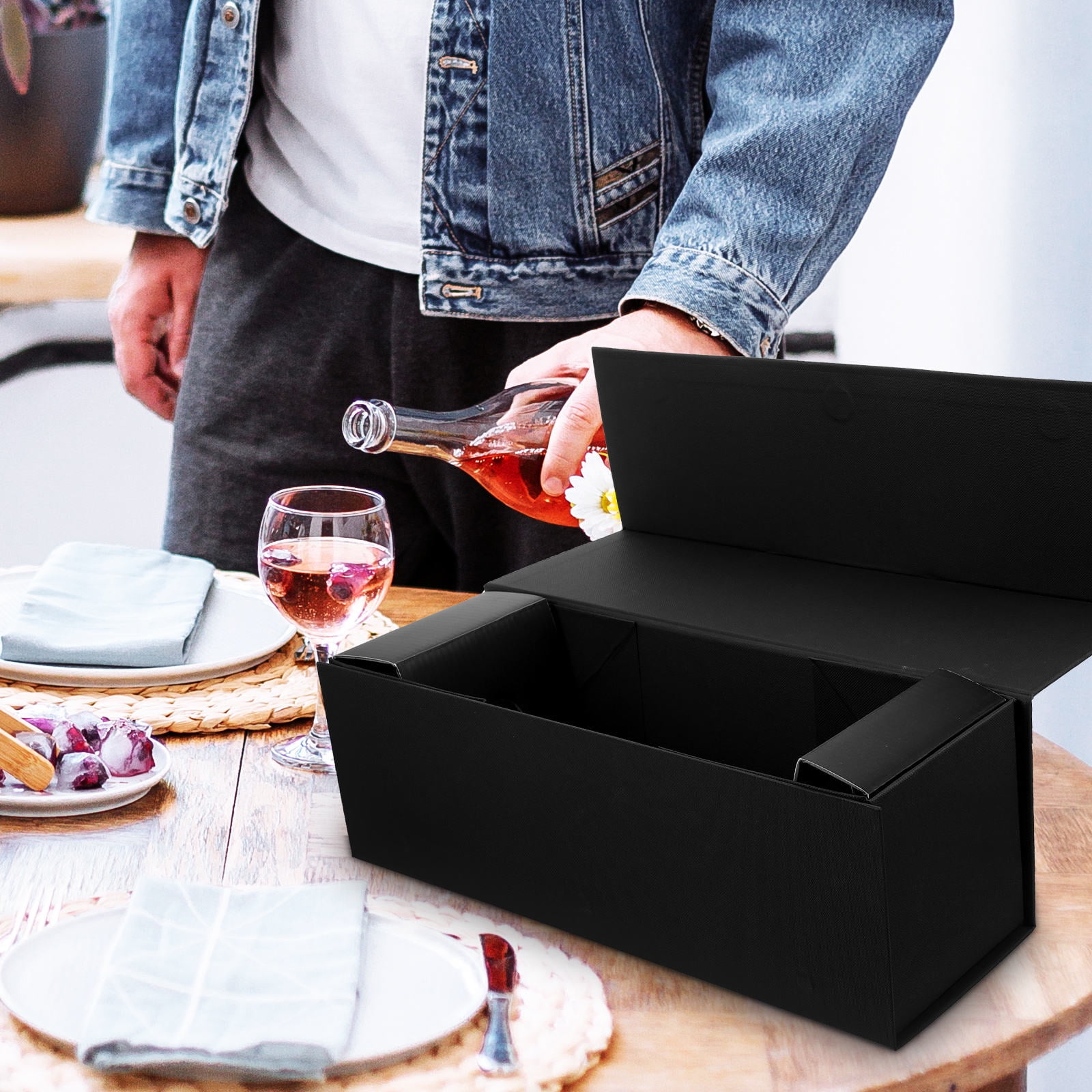 WRITWAA Black Rectangular Wine Bottle Storage Box with Lid, Wine ...