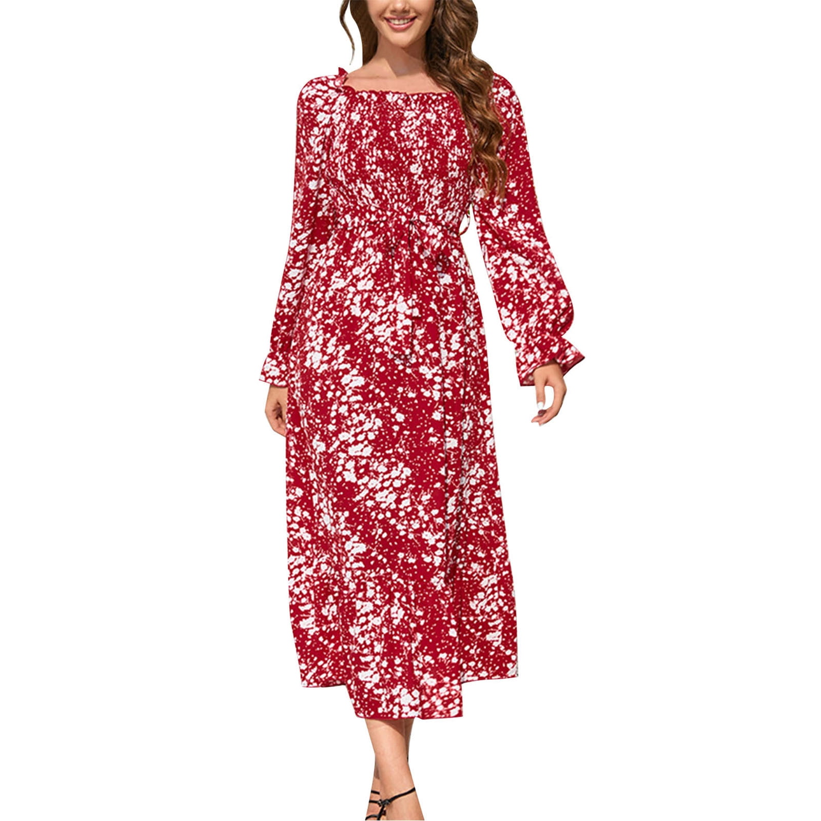 WRKEKC Floral Dress for Women Print Long Sleeve Square Neck Midi Dress ...