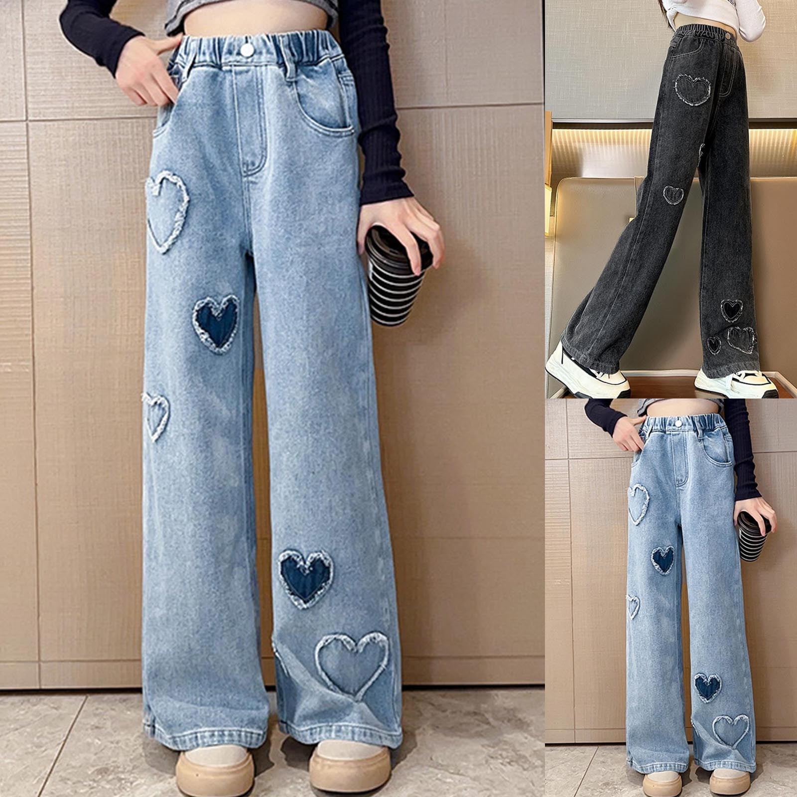 WRKEKC Girls Jeans Flare Leg Heart Embroidery Hem Stretchy Elastic ...