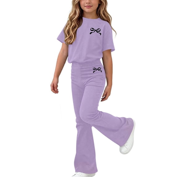 WRKEKC Girls Summer Outfits Kids Bow Print Short Sleeve Tee and Flared ...