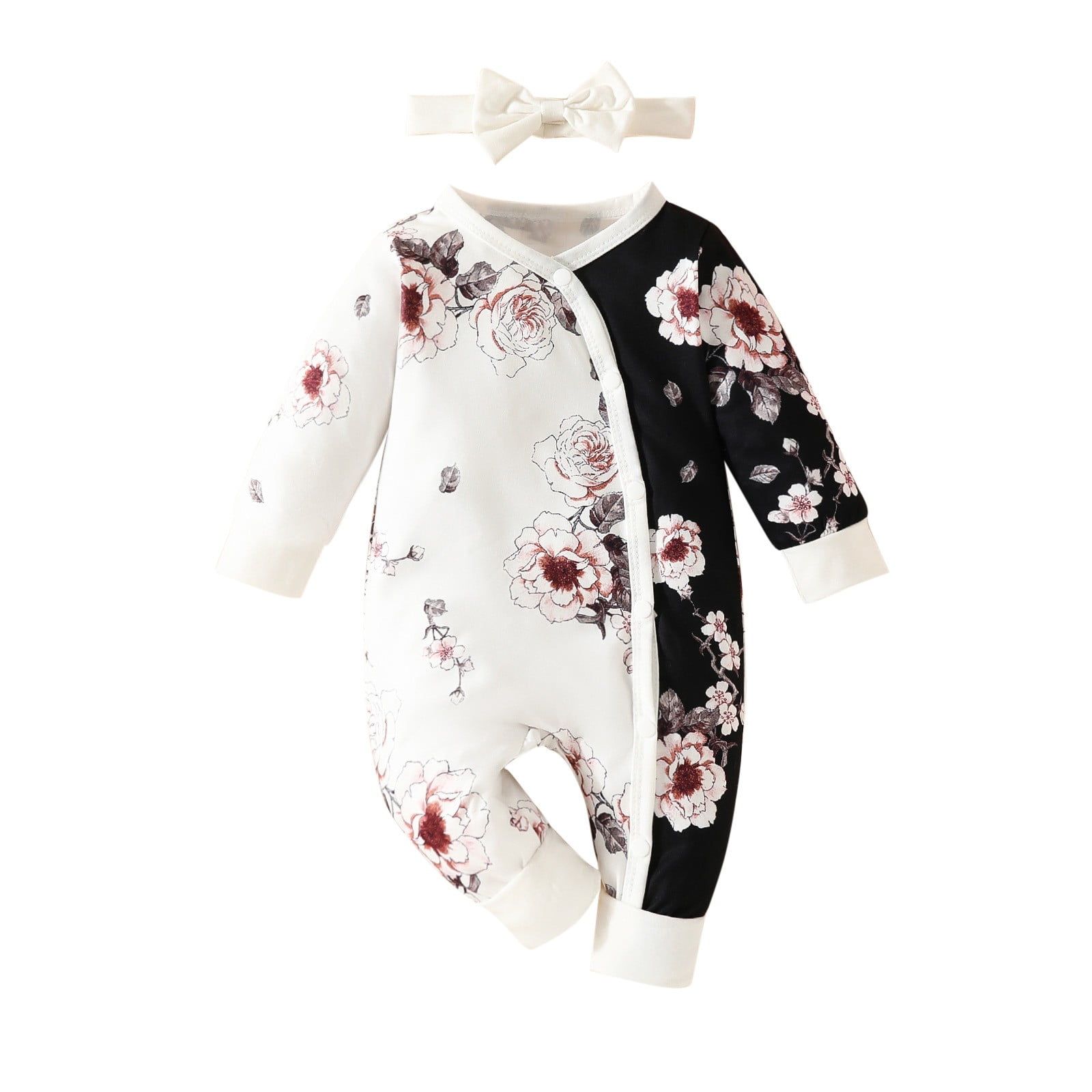 WRKEKC Infant Color-Block Floral Romper Wrap Front Snap Buttons Long ...