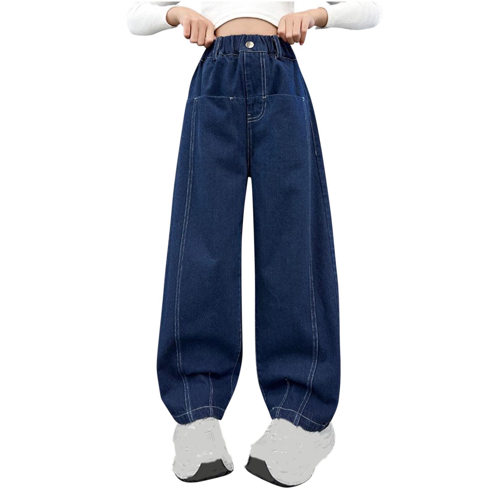 WRKEKC Jeans for Girls High Waist Button Wide Leg Pocket Denim Pants ...