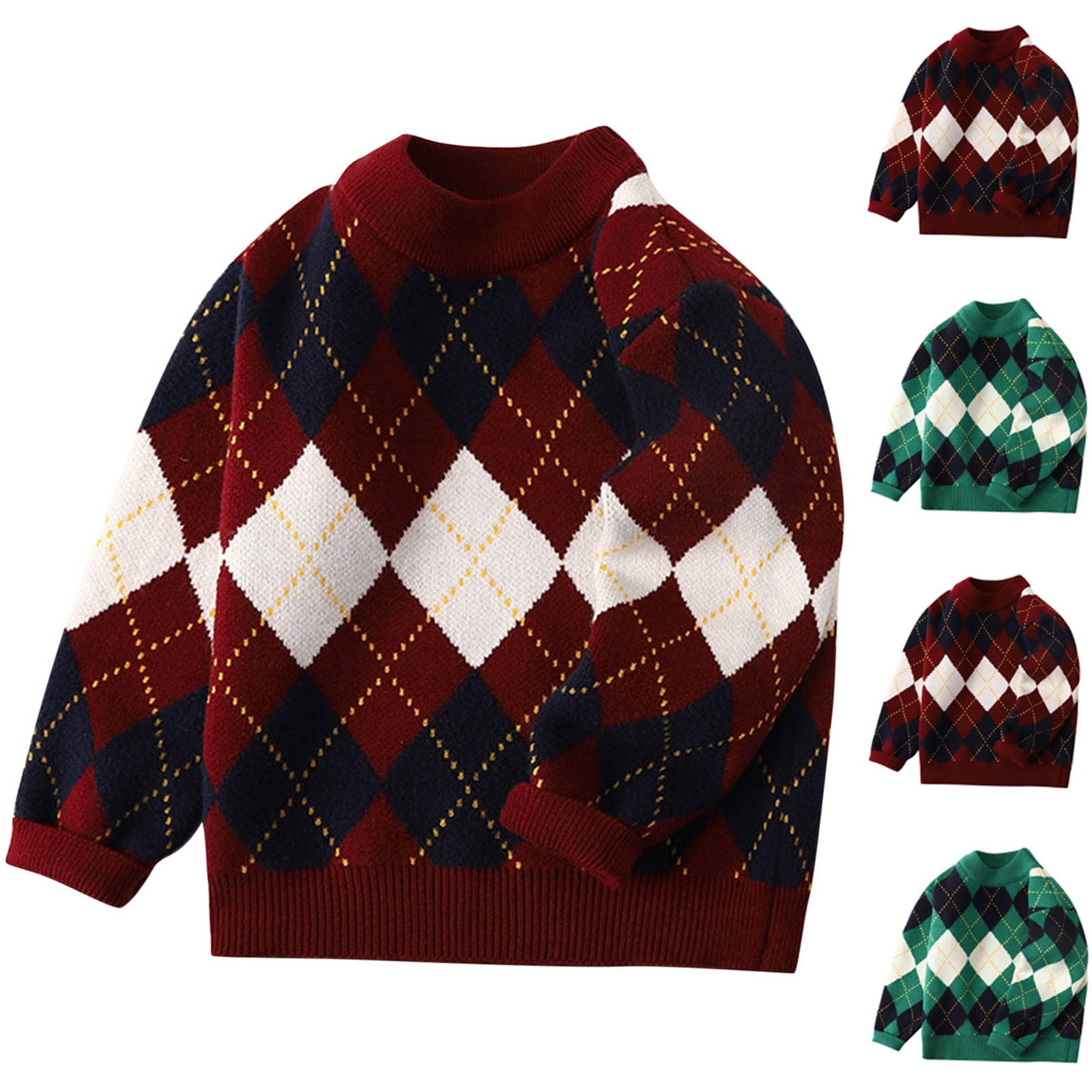 WRKEKC Kids Sweater Crewneck Thickened Argyle Pattern Knit Pullover ...