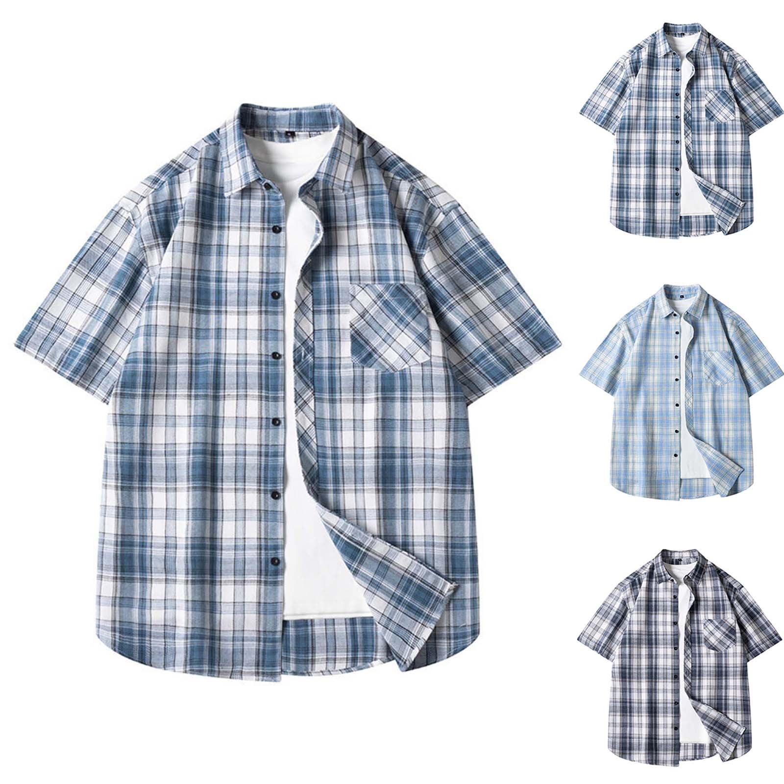WRKEKC Men's Fashion Shirts Pocket Button Short Sleeve Collared Plaid ...