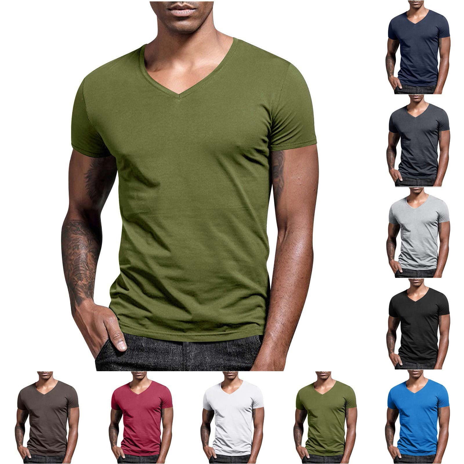 WRKEKC Summer Men's T-Shirts Solid Color V-Neck Short Sleeve Tops for ...